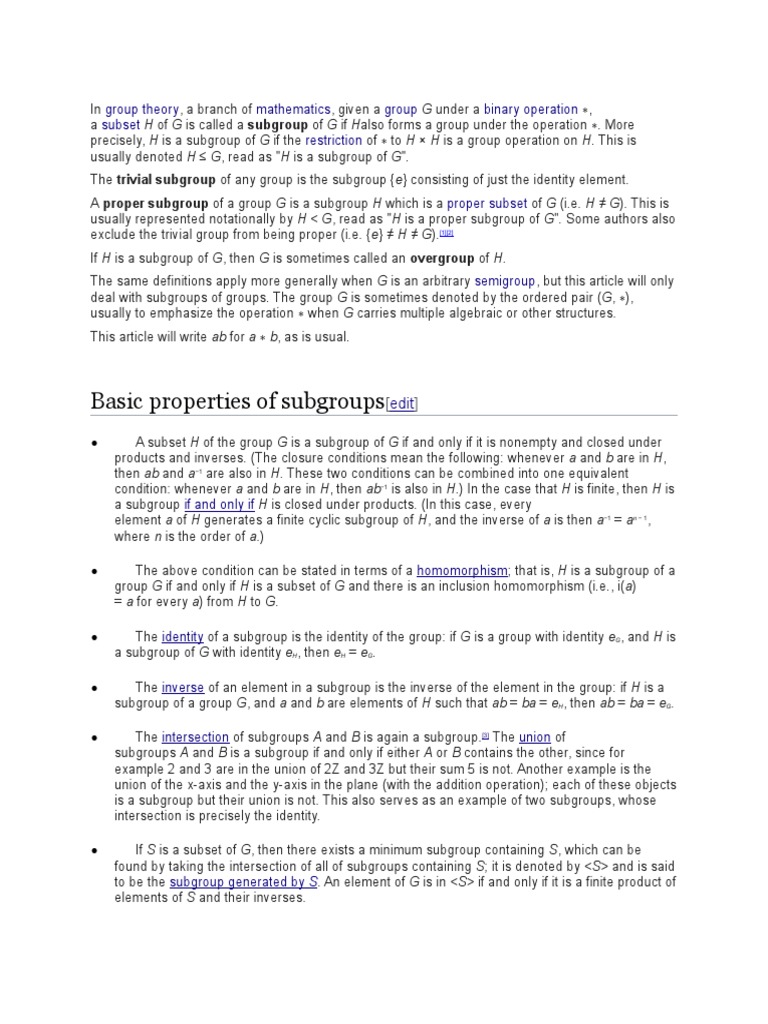 Basic Properties of Subgroups: Group Theory Mathematics Group Binary Operation Subset ...