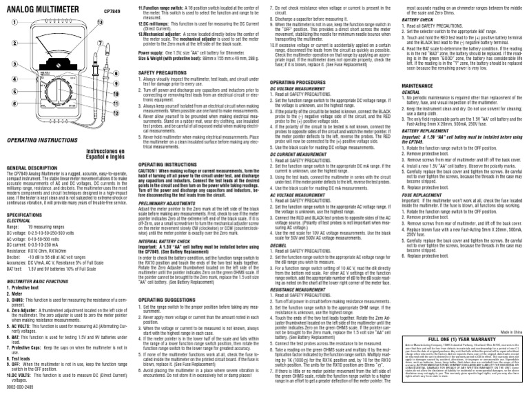 Analog Multimeter Operating Instructions | PDF | Manufactured Goods ...