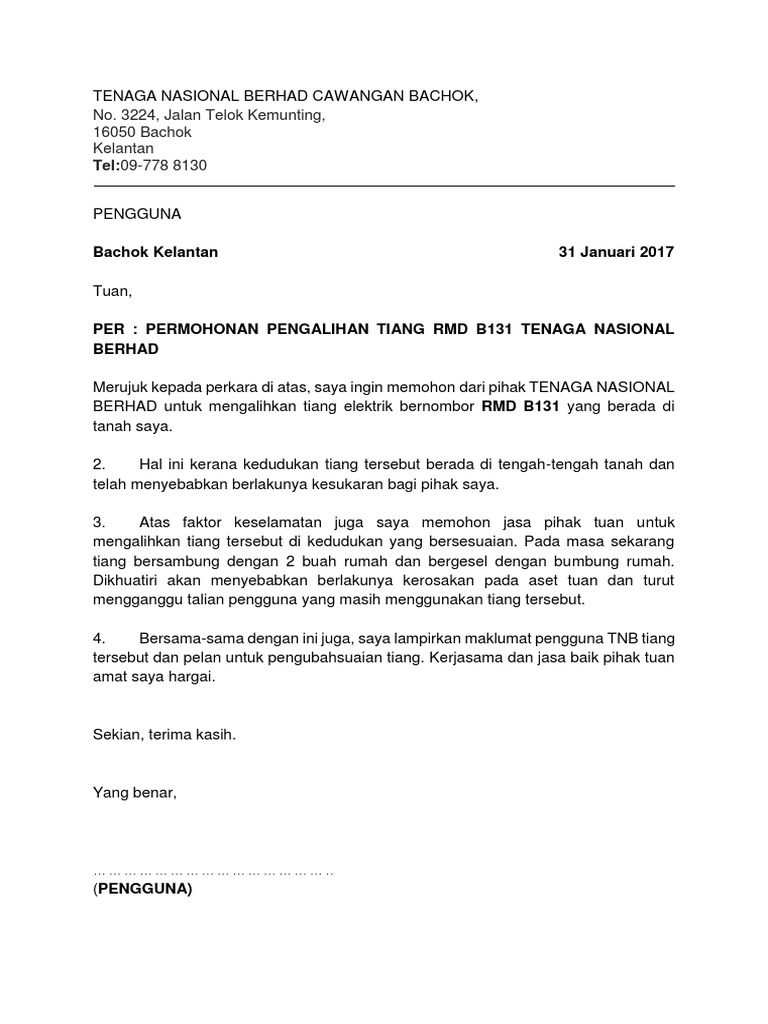 Contoh Surat Alih Tiang Elektrik TNB | PDF