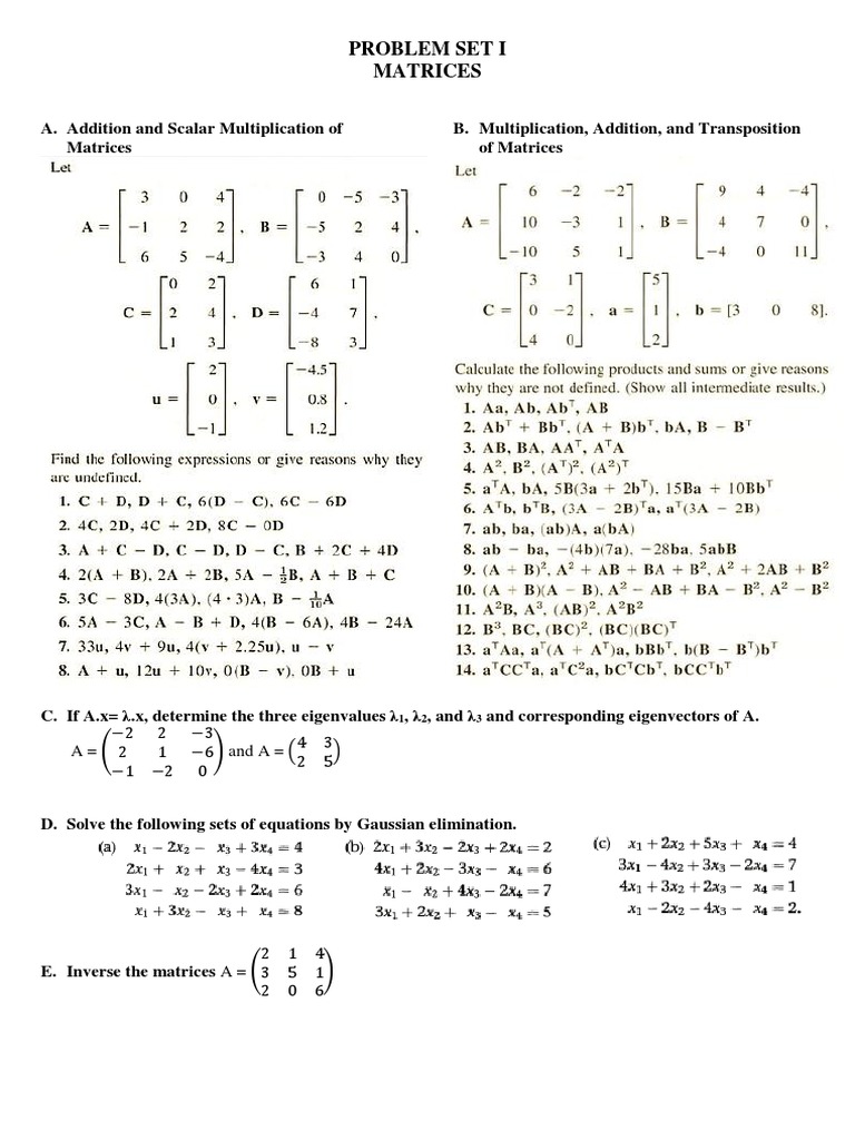 Problem Set I-Matrices | PDF | Teaching Methods & Materials
