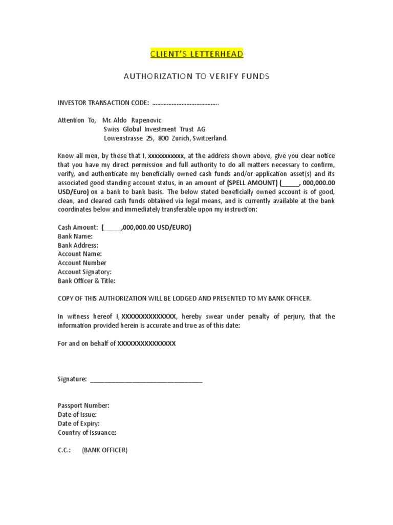 1 Authorization To Verify Funds