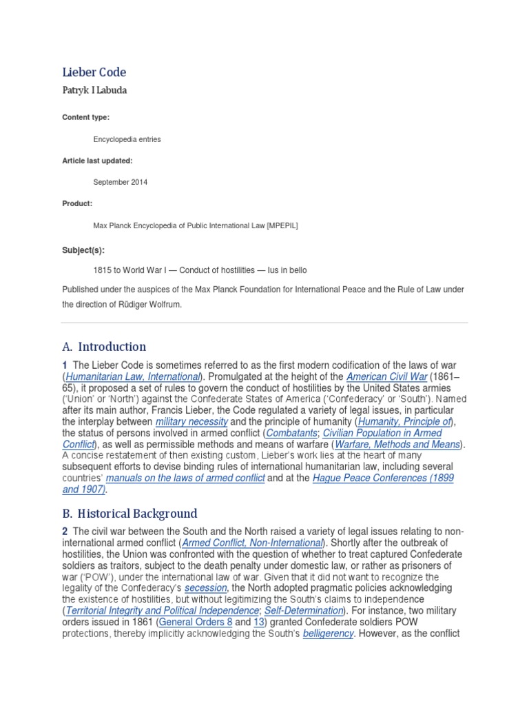 Lieber Code: Encyclopedia Entries | PDF | Law Of War | International ...