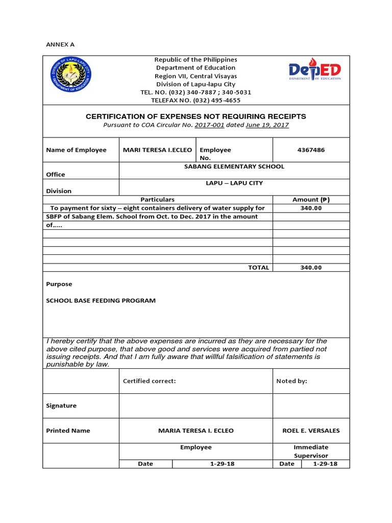 Certification of Expenses Not Requiring Receipts | PDF