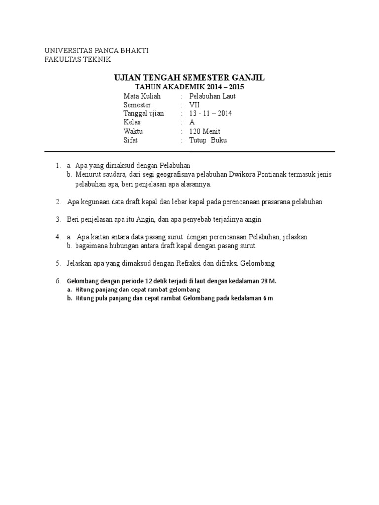 Contoh UTS Pelabuhan UNIVERSITAS PANCA BHAKTI | PDF | Sains & Matematika