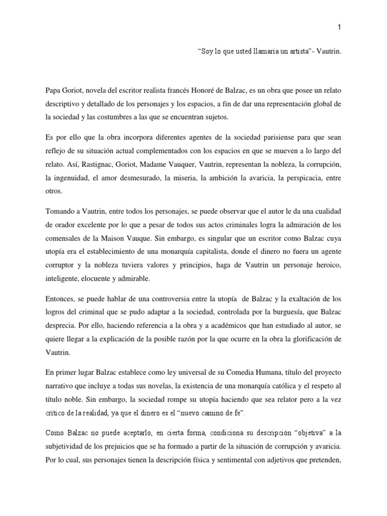 La admiración de Balzac por el personaje de Vautrin en Papa Goriot ...