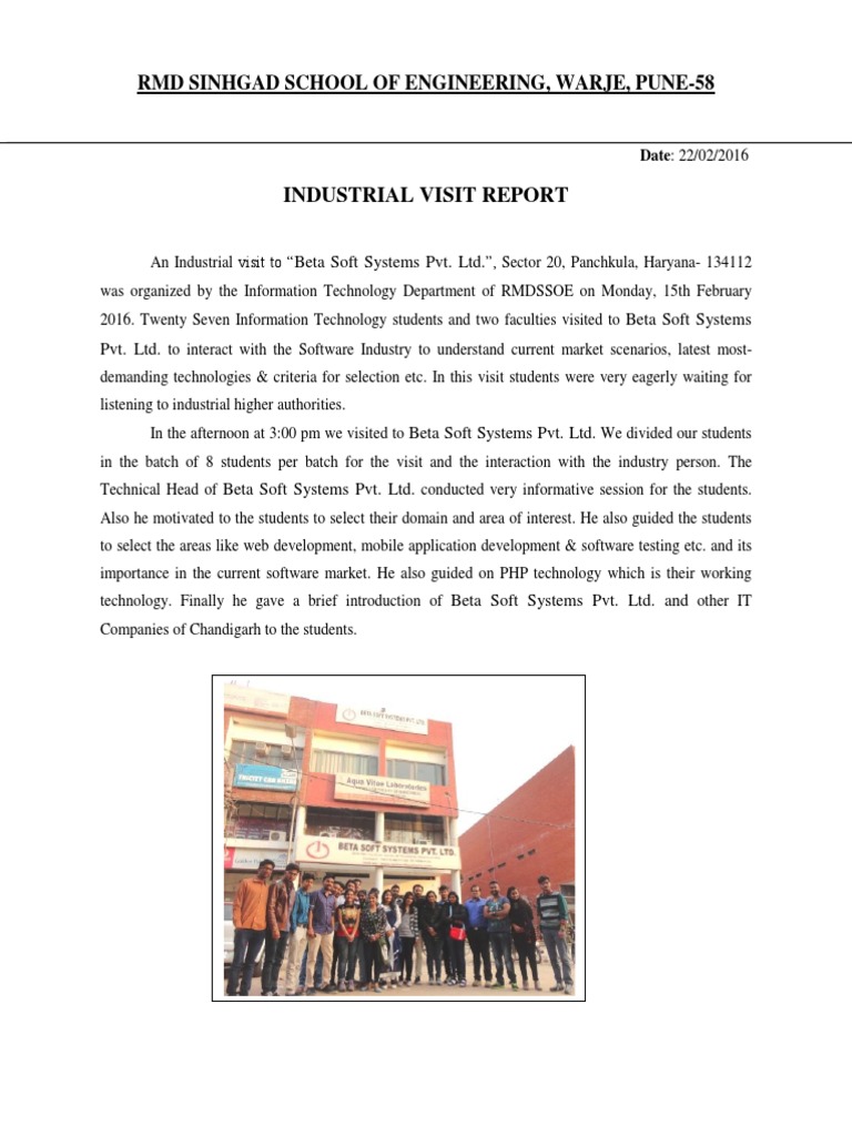 Industrial Visit Report: RMD Sinhgad School of Engineering, Warje, Pune-58 | PDF | Software ...