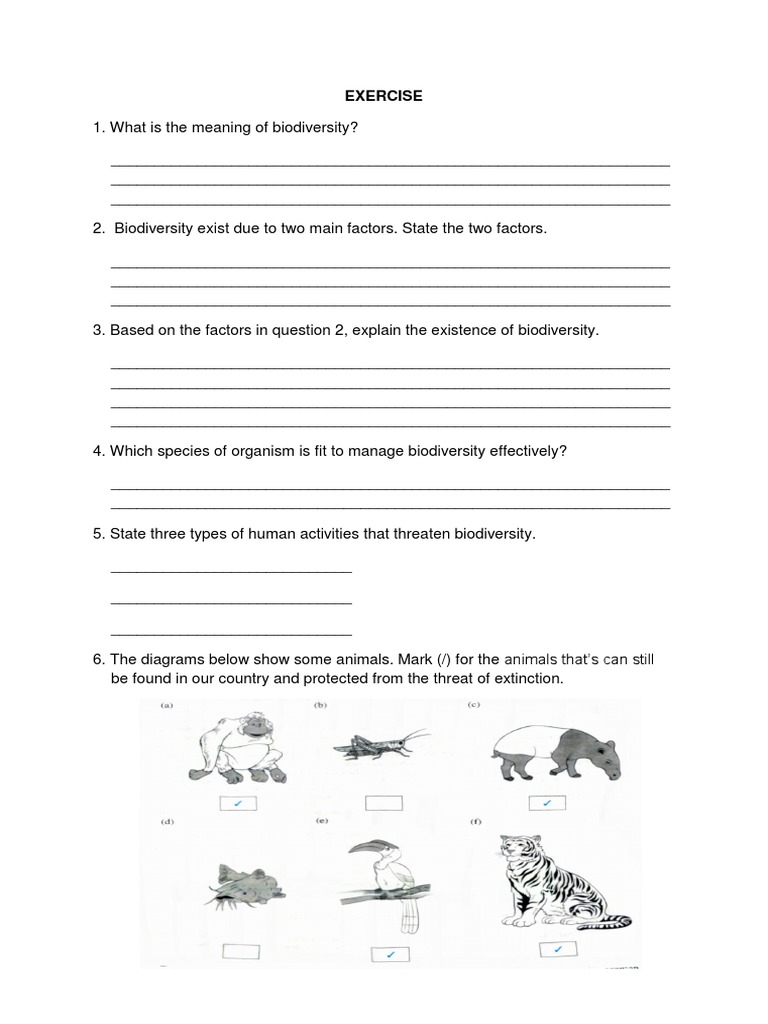 Biodiversity Exercise for Form 2 Science | PDF | Mammals | Biodiversity