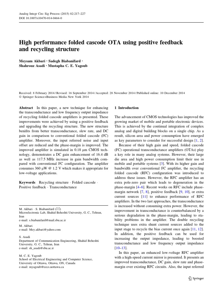 High Performance Folded Cascode OTA Using Positive Feedback | PDF | Amplifier | Capacitor