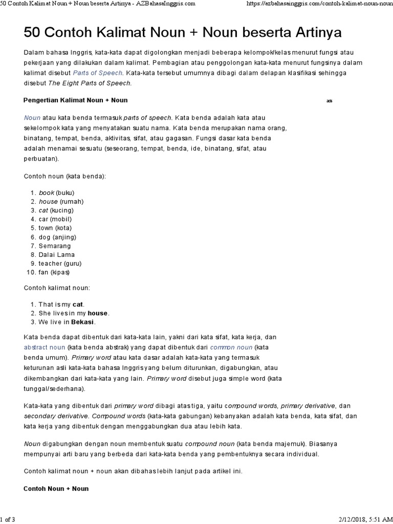 50 Contoh Kalimat Noun + Noun Beserta Artinya | PDF