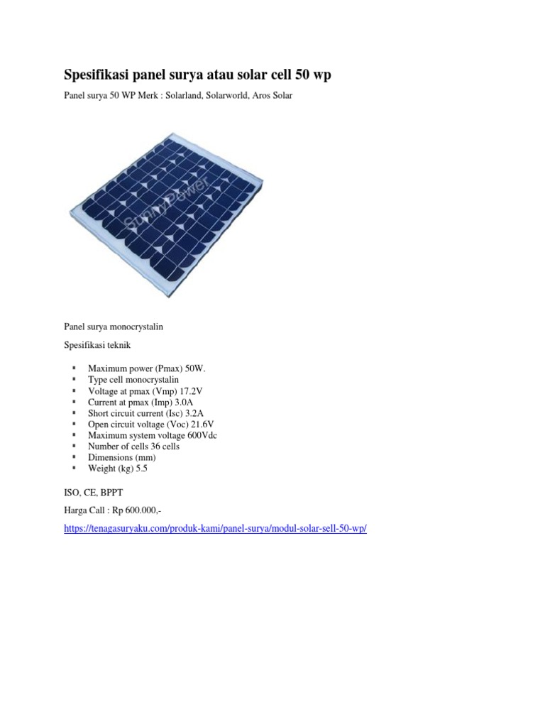 Spesifikasi Panel Surya Atau Solar Cell | PDF