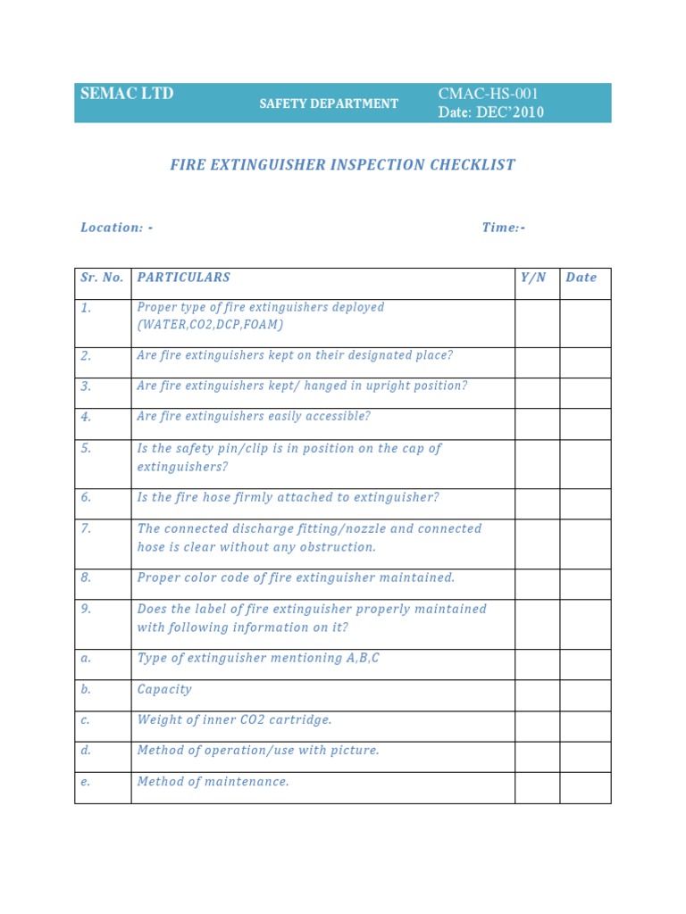 Fire Extinguisher Inspection Checklist | PDF | Home & Garden | Science & Mathematics