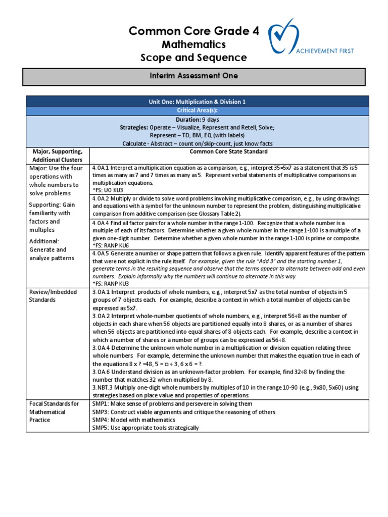 Common Core Grade 4: Mathematics Scope and Sequence | Download Free PDF ...