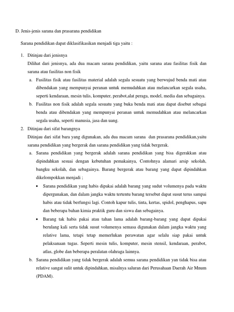 Jenis-Jenis Sarana Dan Prasarana Pendidikan | PDF