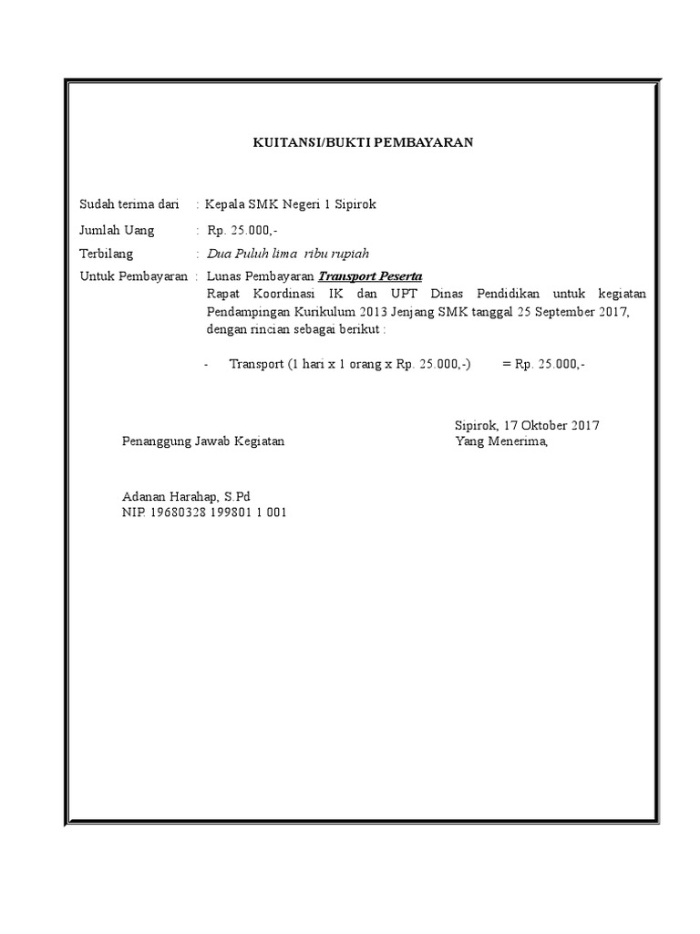 Kwitansi Pembayaran Transport Rapat | PDF