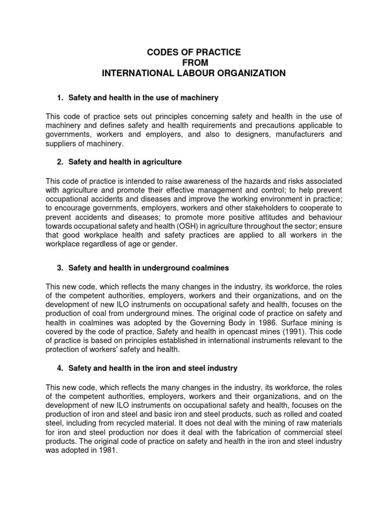 Codes of Practice From International Labour Organization: 1. Safety and ...