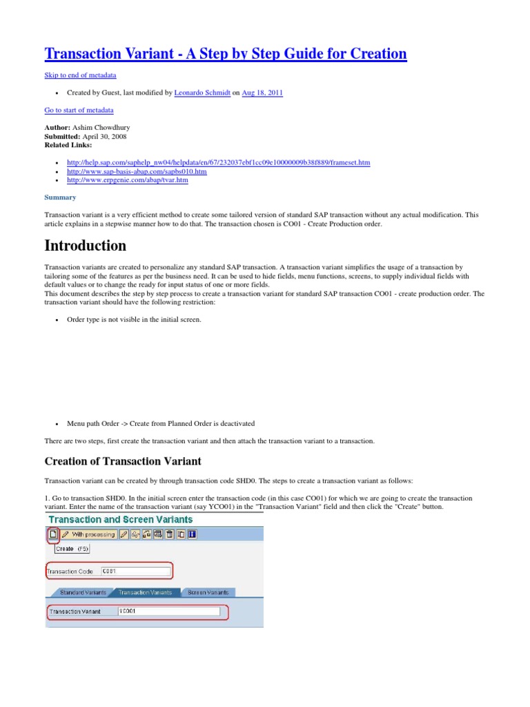 Transaction Variant A Step By Step Guide For Creation Pdf Menu Computing Button