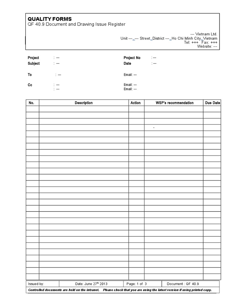 Quality Forms: QF 40.9 Document and Drawing Issue Register | PDF ...