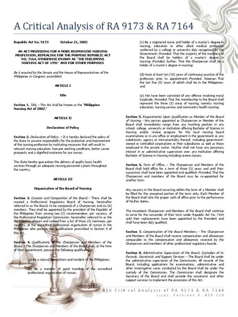 A Critical Analysis of RA 9173 | PDF | Nursing | Licensure