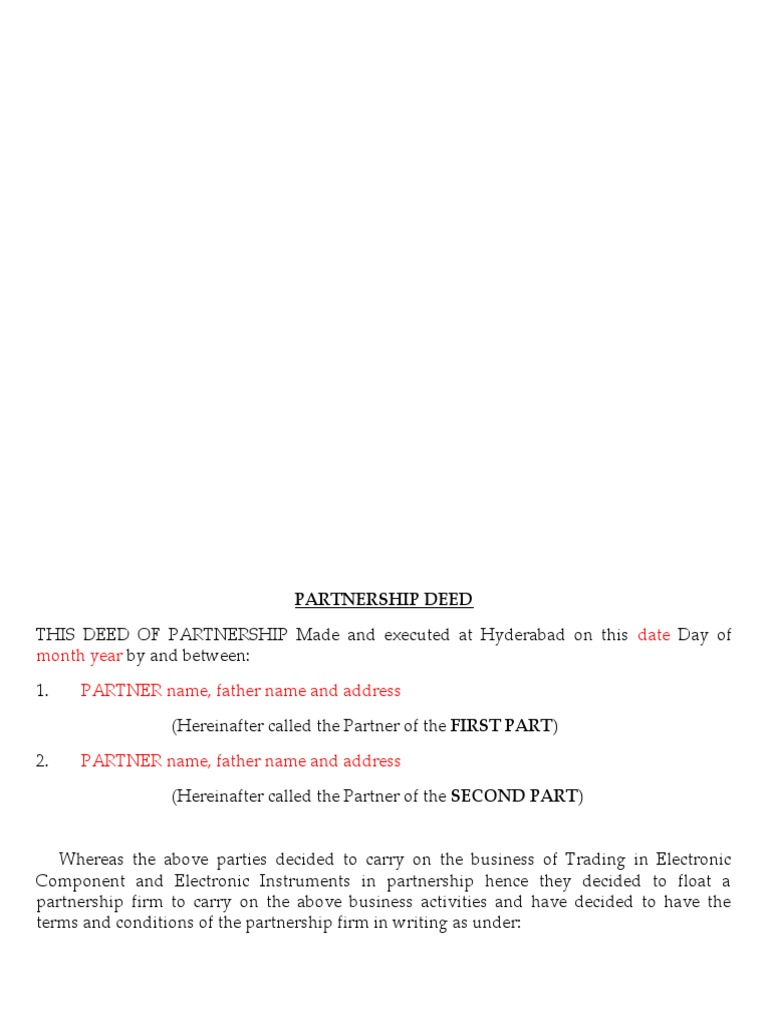 Format of Partnership Deed | PDF | Partnership | Business Law