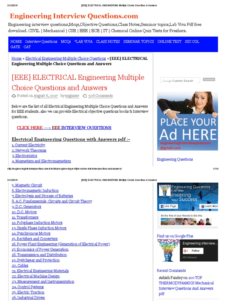 (Eee) Electrical Engineering Multiple Choice Questions & Answers | PDF | Amplifier | Transistor