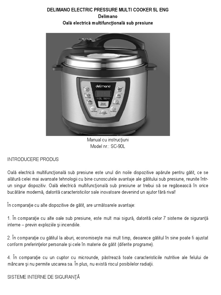 Delimano Electric Pressure Multi Cooker 5l Eng | PDF