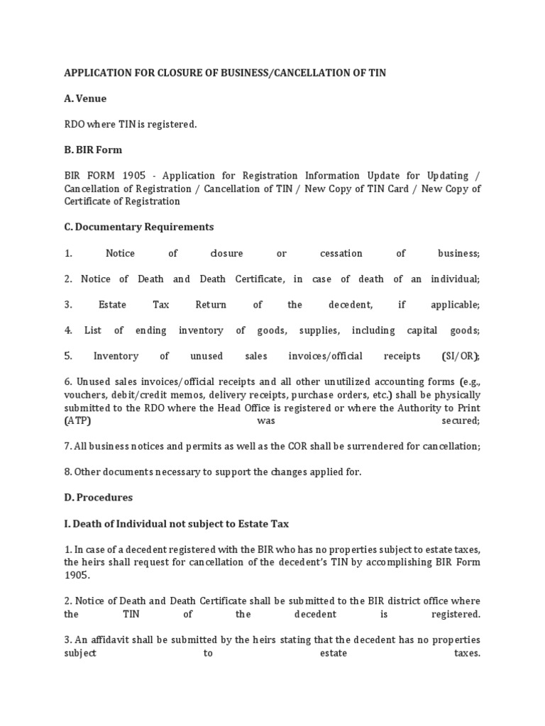 BIR Business Closure and TIN Cancellation Guide | PDF | Tax Return ...