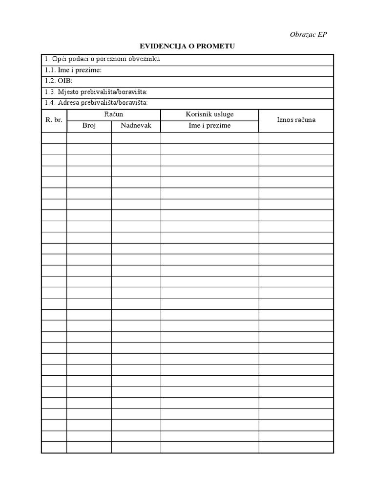 Evidencija O Prometu: Obrazac EP | PDF