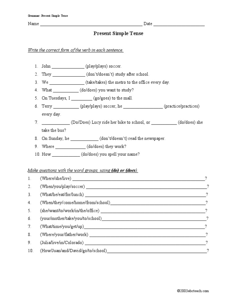 Grammar Present Simple Elem Esl Test | PDF