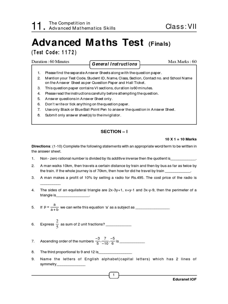 Advanced Maths Test: Class: VII | PDF | Rectangle | Triangle