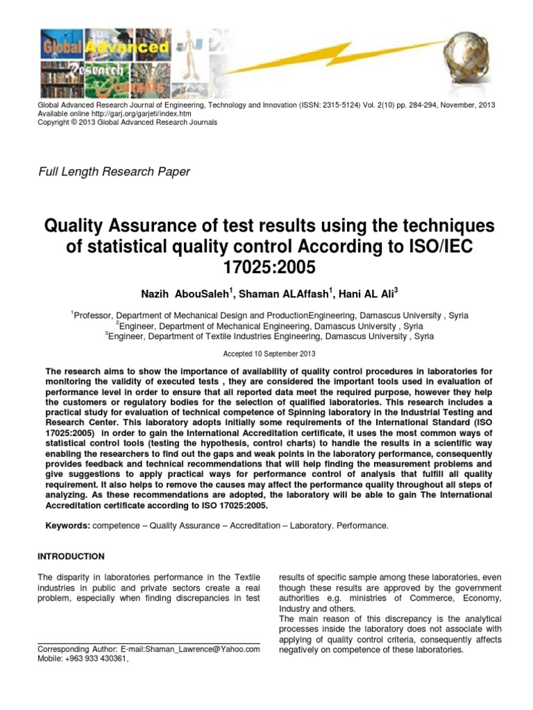 Quality Assurance of Test Results Using The Techniques of Statistical ...