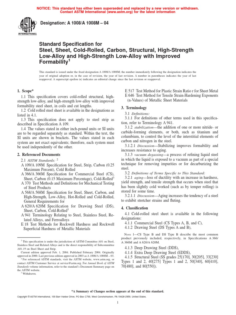 Astm A 1008-A 1008M-04 | PDF | Rolling (Metalworking) | Steel