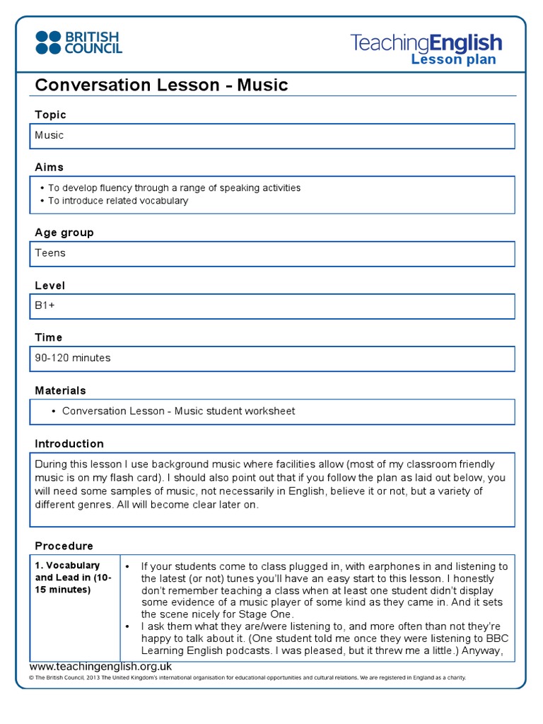Conversation Lesson - Music Lesson Plan | PDF | Conversation | Lesson Plan