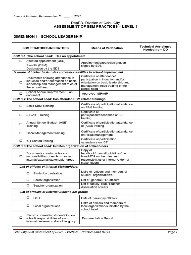 SBM Checklist | PDF | Bookkeeping | Lesson Plan