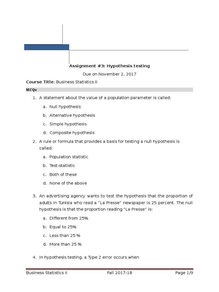 Assignment #3 Hypothesis Testing | PDF | Statistical Hypothesis Testing ...