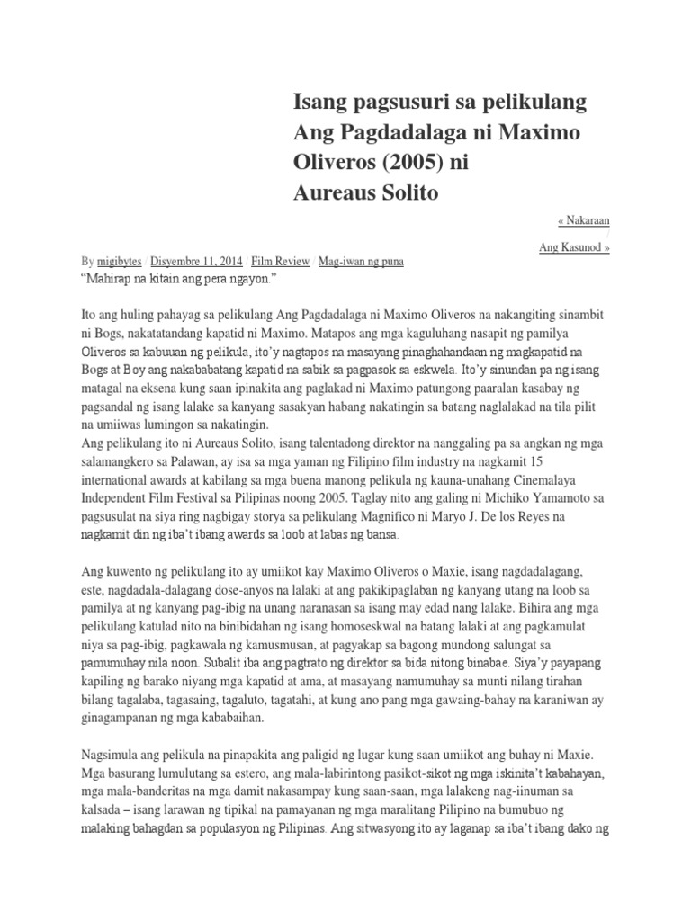 Isang Pagsusuri Sa Pelikulang Ang Pagdadalaga Ni Maximo Oliveros | PDF Isang Pagsusuri Sa Pelikulang Ang Pagdadalaga Ni Maximo Oliveros | PDF
