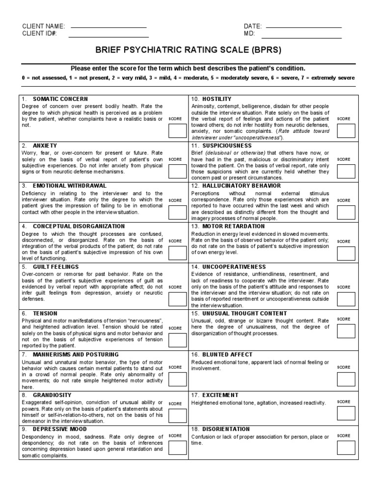 Brief Psychiatric Rating Scale (BPRS) : Please Enter The Score For The ...