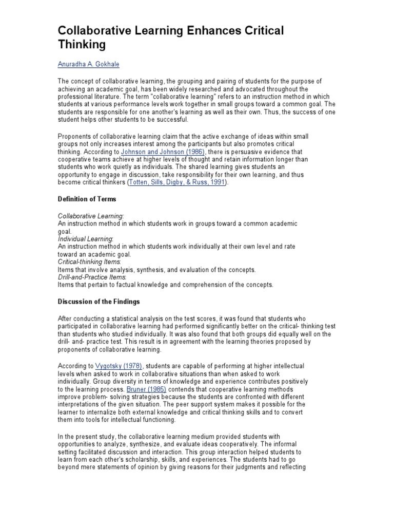 Collaborative Learning Enhances Critical Thinking | PDF | Critical ...