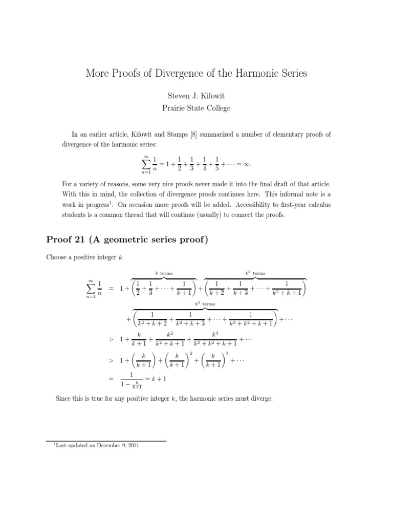 More Proofs of Divergence of The Harmonic Series: Proof 21 (A Geometric ...