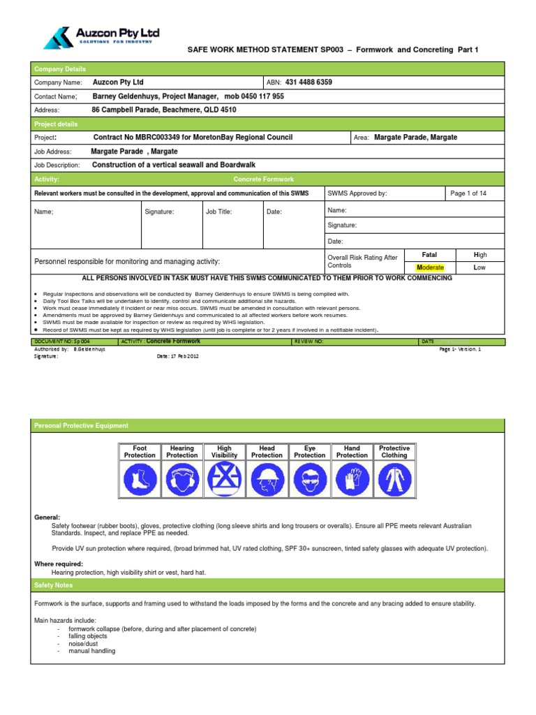 Sample SWMS SP003 - Margate Parade Boardwalk Concrete Work | PDF ...