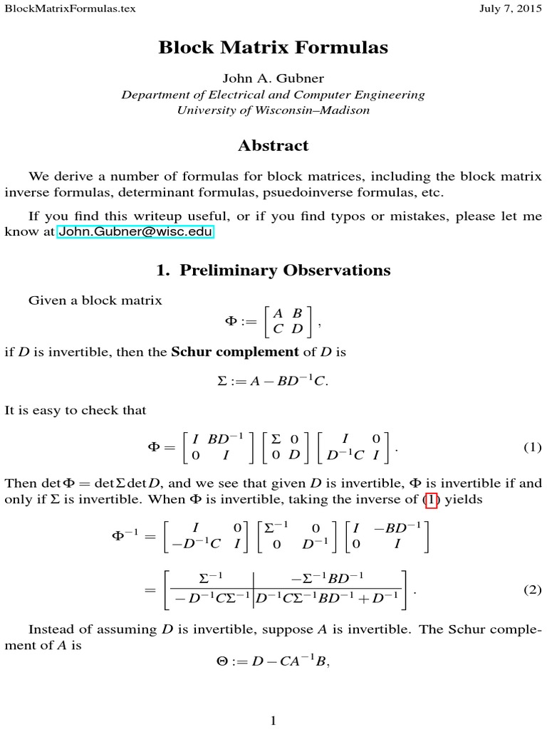 Block Matrix Formulas | PDF | Determinant | Matrix (Mathematics)