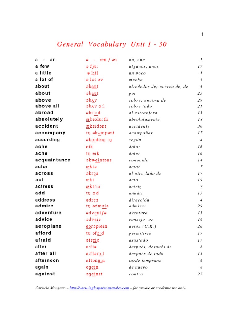 English General Vocabulary - 01-30 | PDF | Alimentos