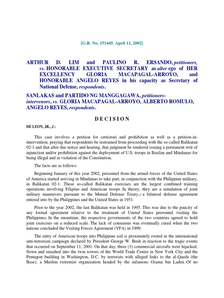 Lim vs. Exec. Sec., GR 151445, April 11, 2002 | PDF | Treaty | United ...
