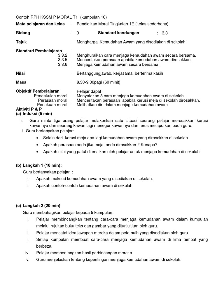 Contoh RPH KSSM P Moral t1 Kumpulan 1 | PDF