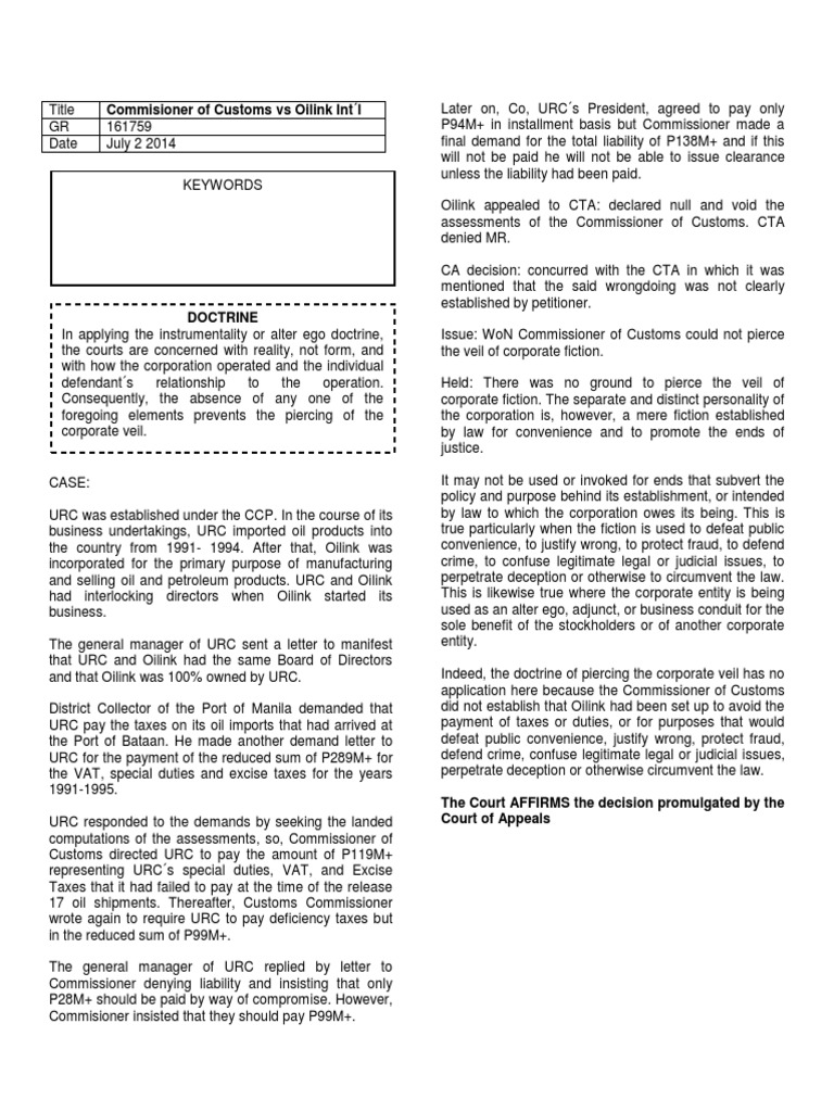 Customs Tax Dispute: URC vs. Oilink | PDF | Piercing The Corporate Veil ...