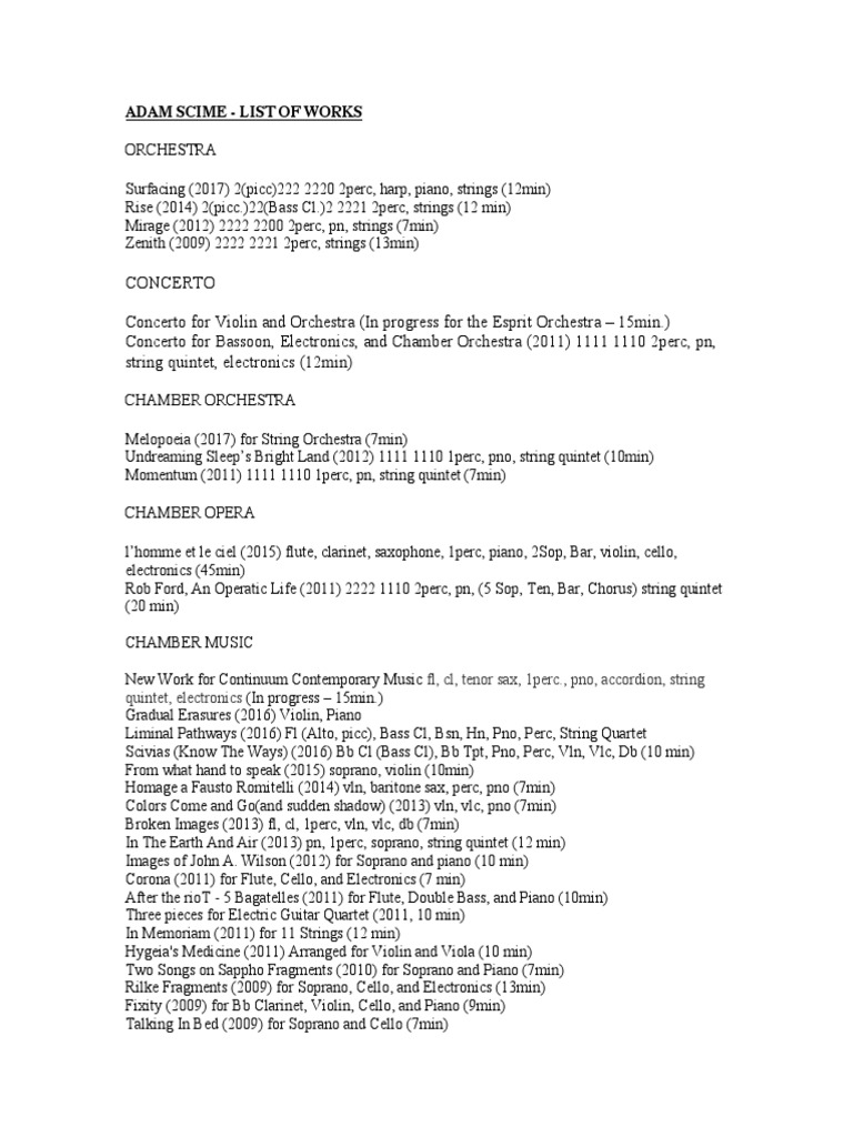 Adam Scime - List of Works: FL, CL, Tenor Sax, 1perc., Pno, Accordion ...