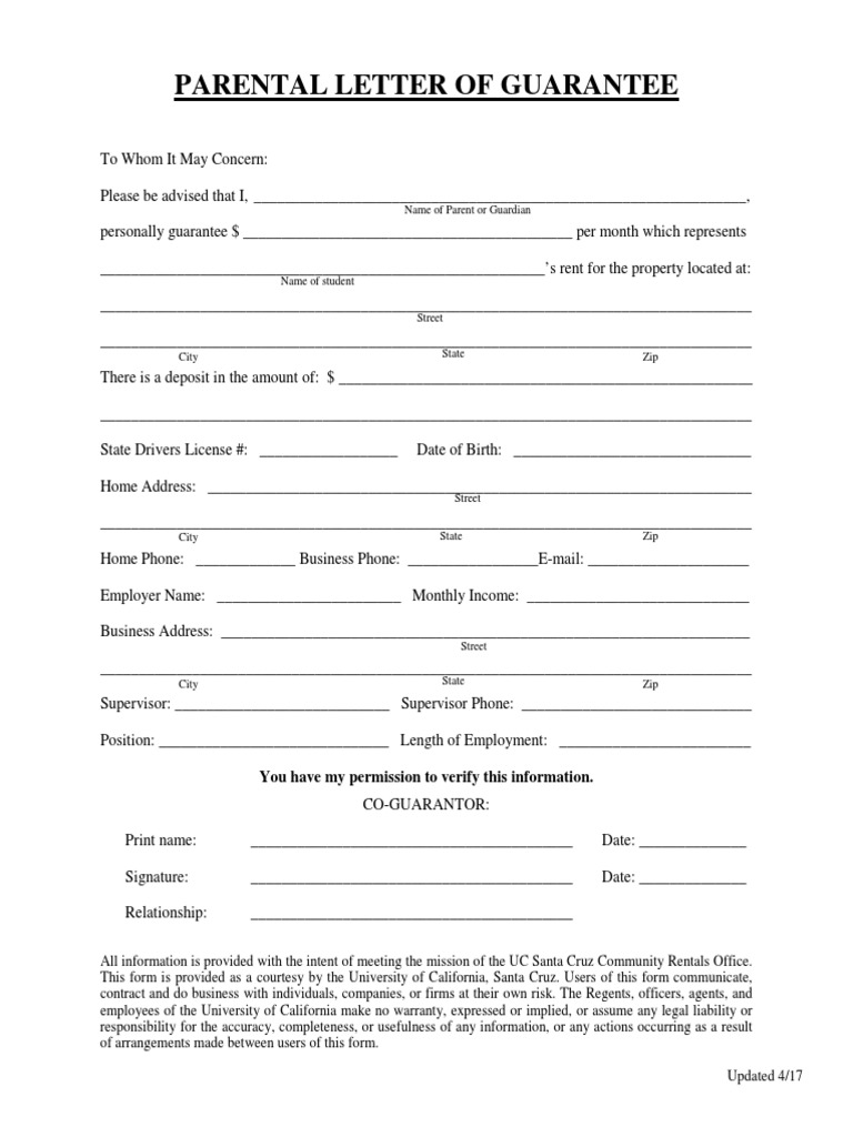 Parental Letter of Guarantee: Name of Parent or Guardian | PDF ...