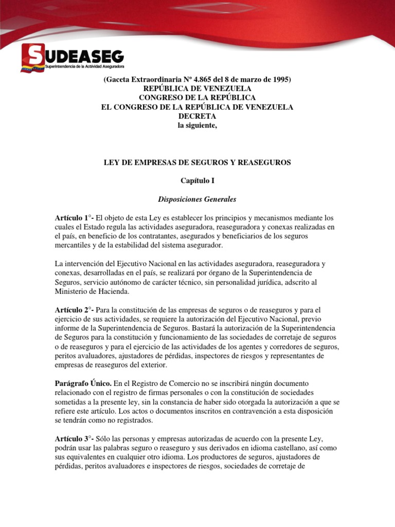 Ley De Empresas De Seguros Y Reaseguros Pdf Seguro Póliza De Seguros 0900