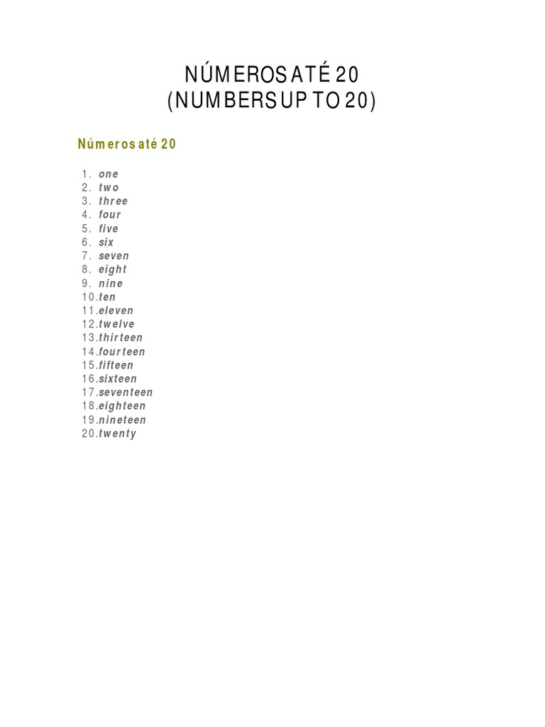 Números Até 20 (Numbers Up To 20) | PDF