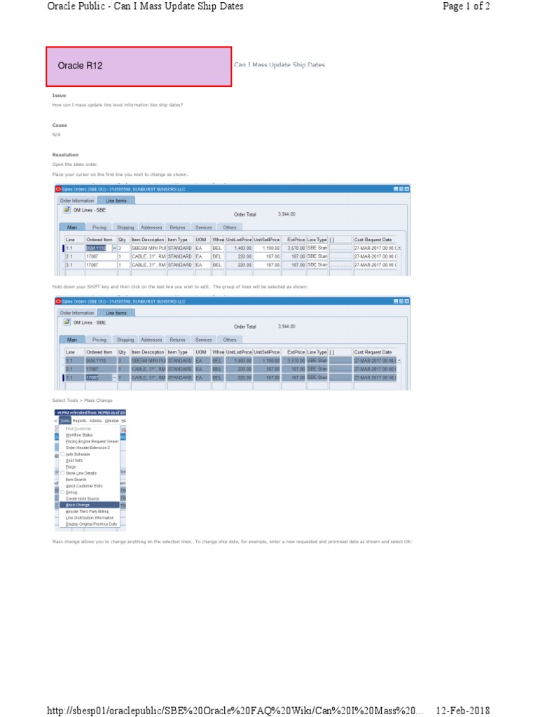 Oracle R12 - Mass Update Dates On OM Order Lines | PDF