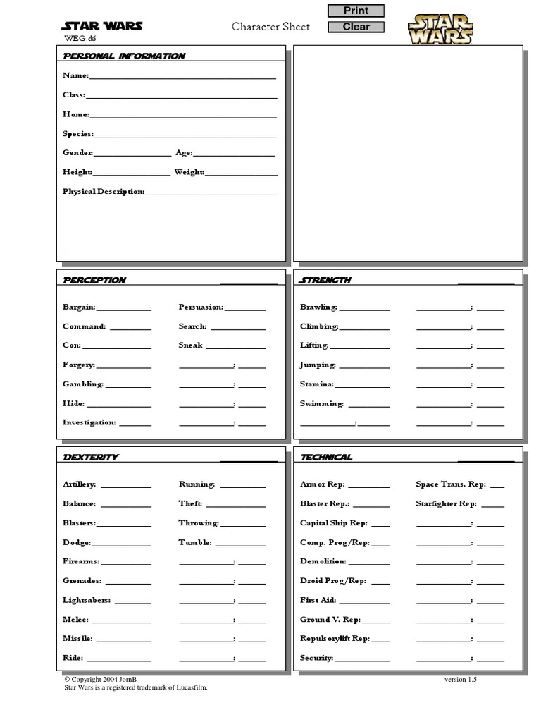 Star Wars Character Sheet: WEG d6 Personal Information | PDF | Armed ...